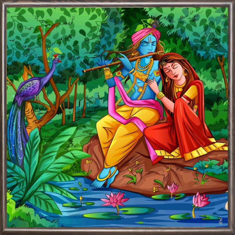 Radha Krishna with Nature background Photo Frame 3x2 Feet. Printed on Canvas Fabric. MDF with Laminate Finish